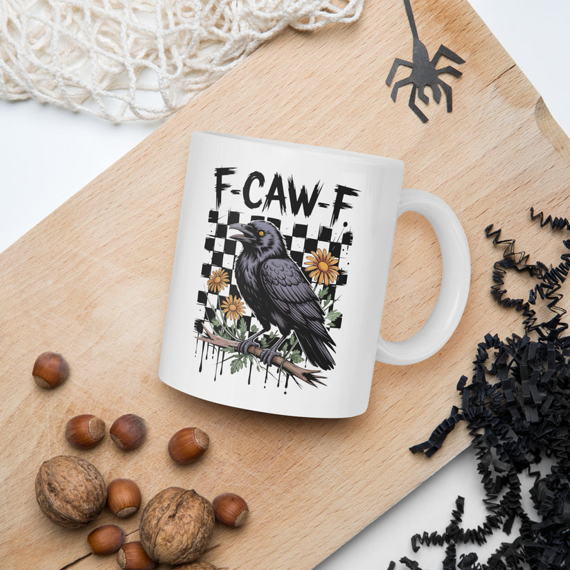 F-Caw-F Crow & Daisy Ceramic Coffee Mug, 11oz, 15oz, 20oz – 3D Molded ...